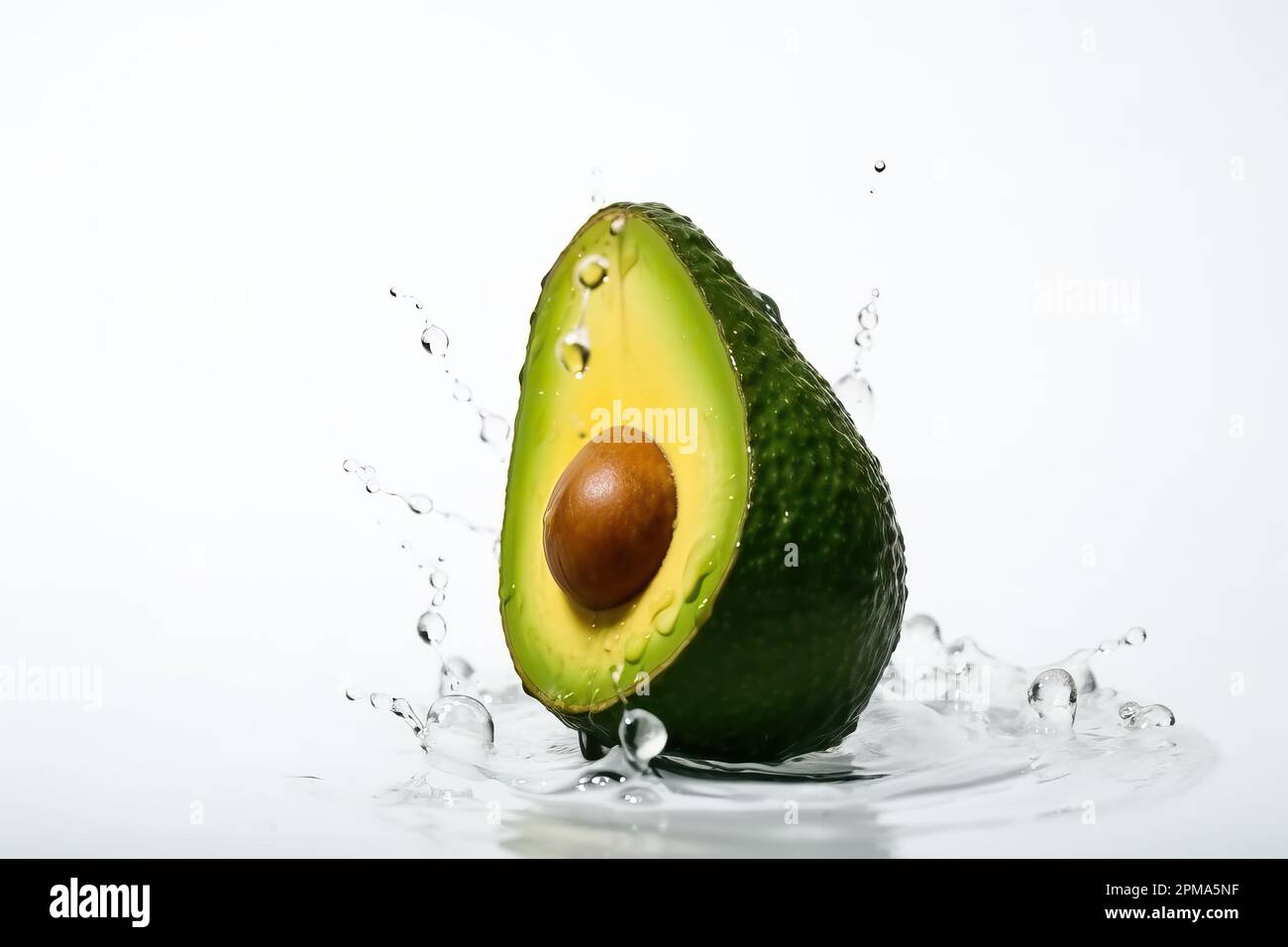 Half avocado in water. Avocado in drops float in the water. Healthy ...
