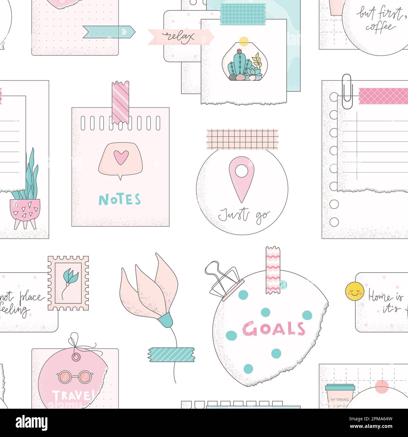 Cute vector seamless pattern with wall moodboard, notes, papers for ...