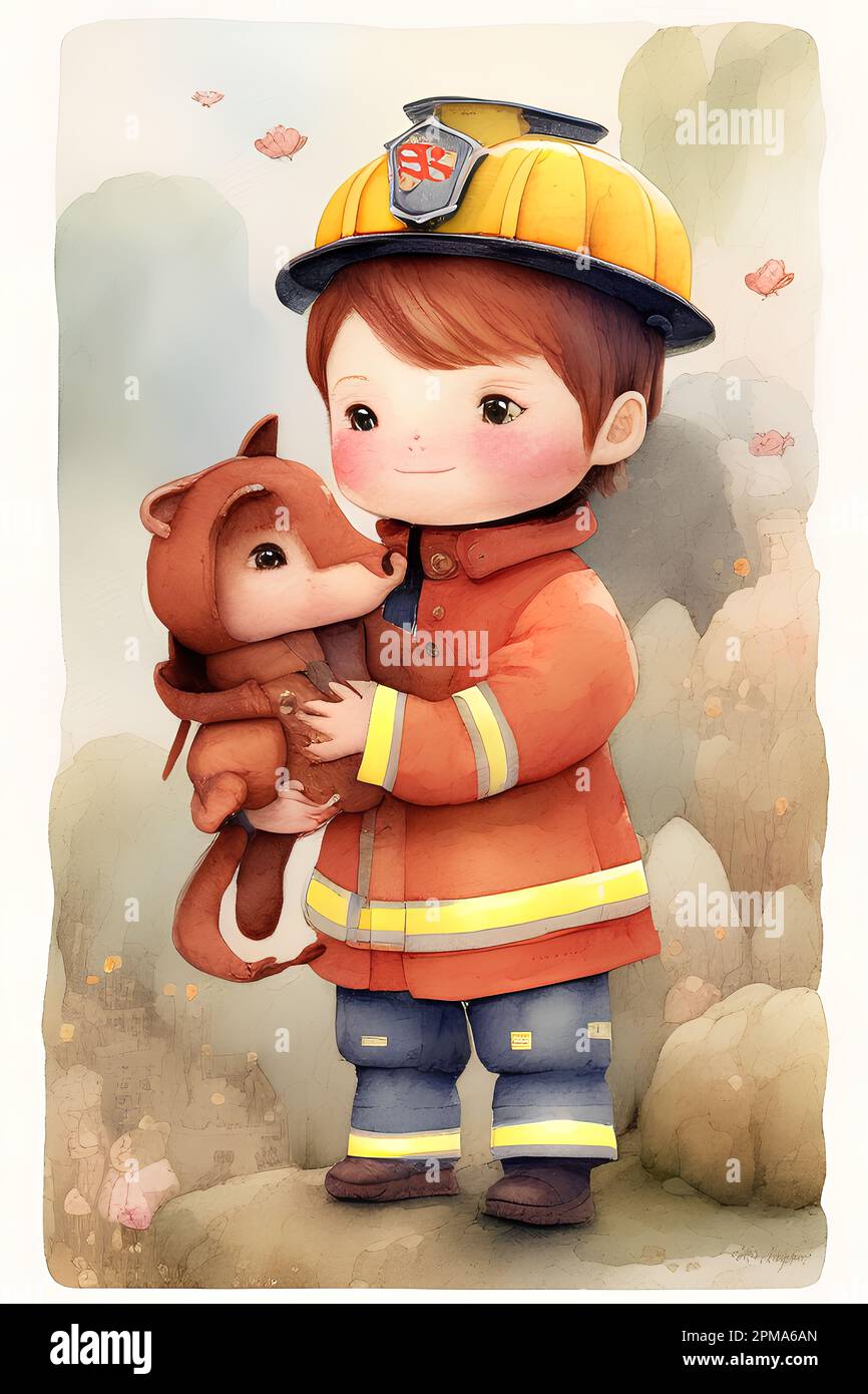 An illustration of an adorable cartoon boy wearing a fireman costume ...