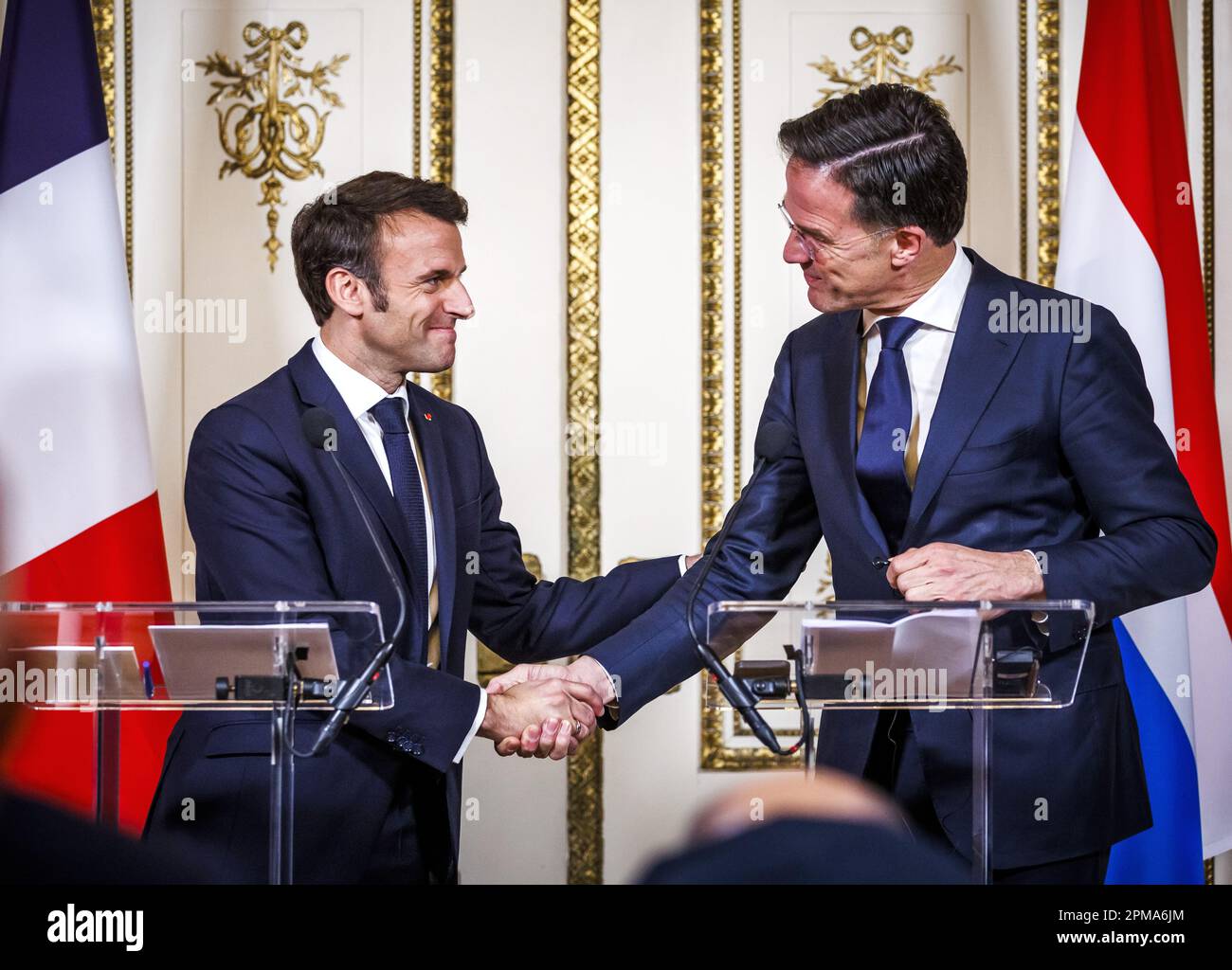 AMSTERDAM - 12/04/2023, French President Emmanuel Macron and Prime ...