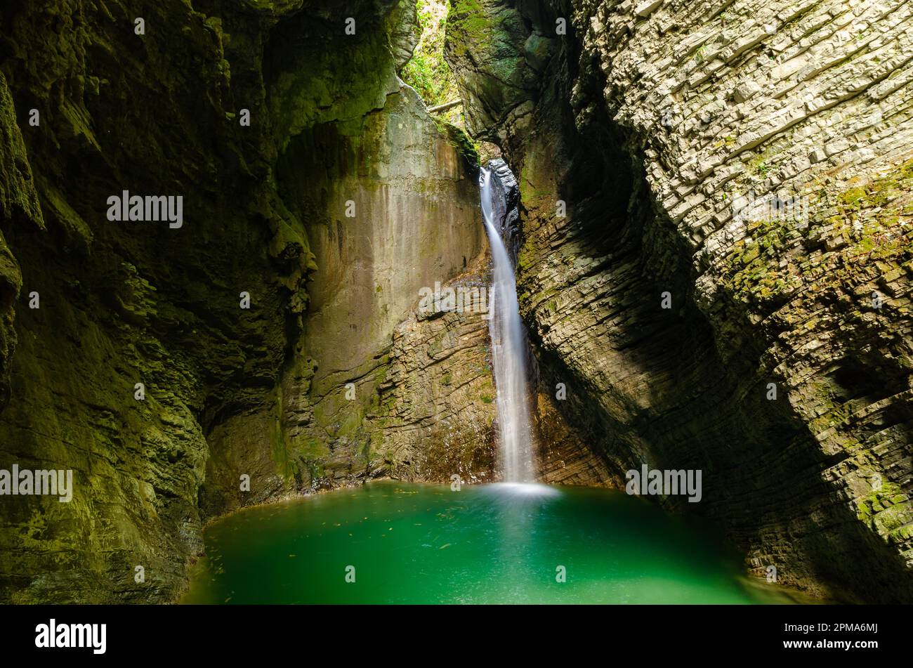 Waterfall Kozjak inside of a cave in Slovenia - Dolina Soce. Soca river ...