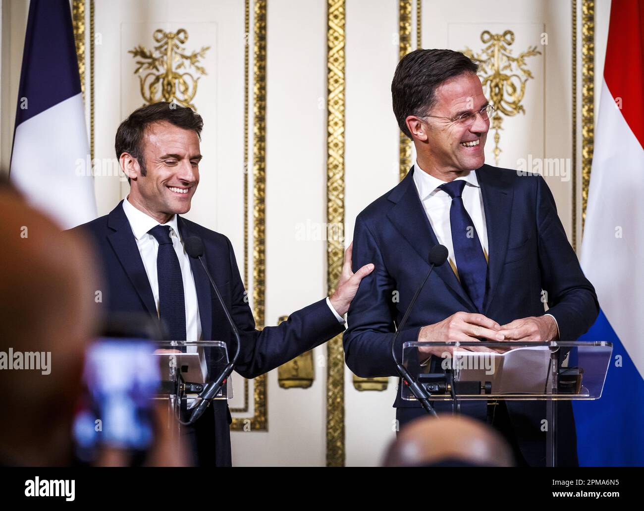 AMSTERDAM - 12/04/2023, French President Emmanuel Macron and Prime ...