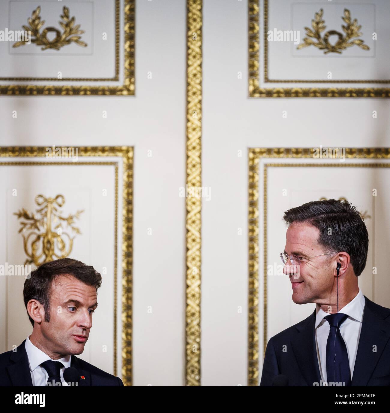 AMSTERDAM - 12/04/2023, French President Emmanuel Macron and Prime ...