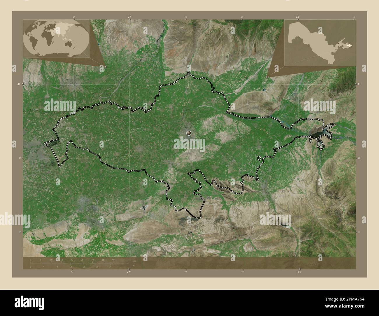 Andijon, region of Uzbekistan. High resolution satellite map. Corner ...