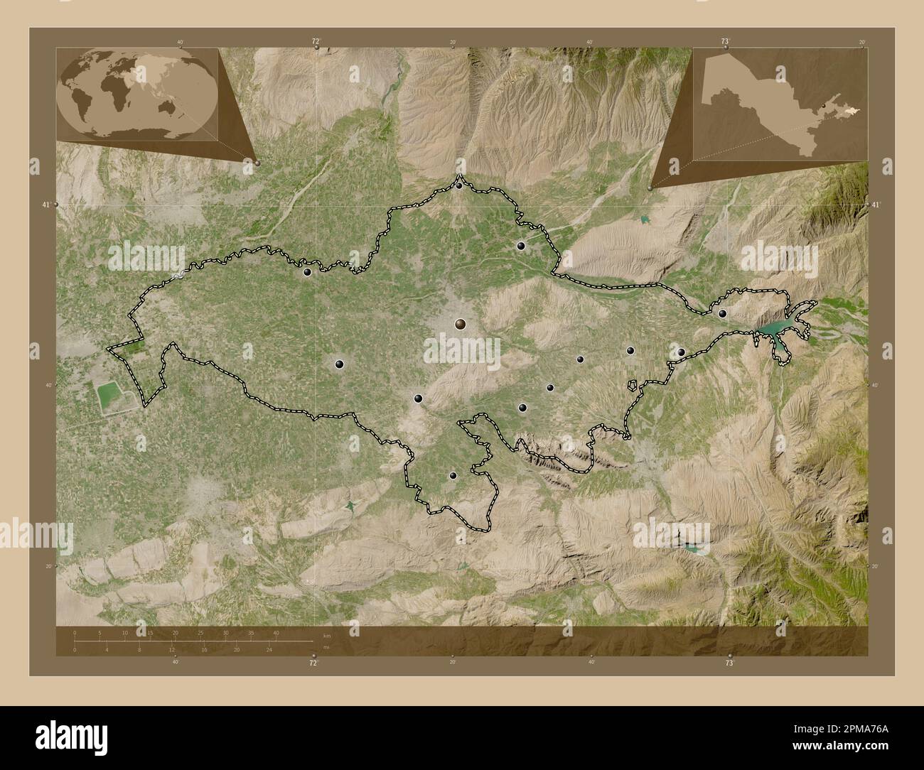 Andijon, region of Uzbekistan. Low resolution satellite map. Locations ...