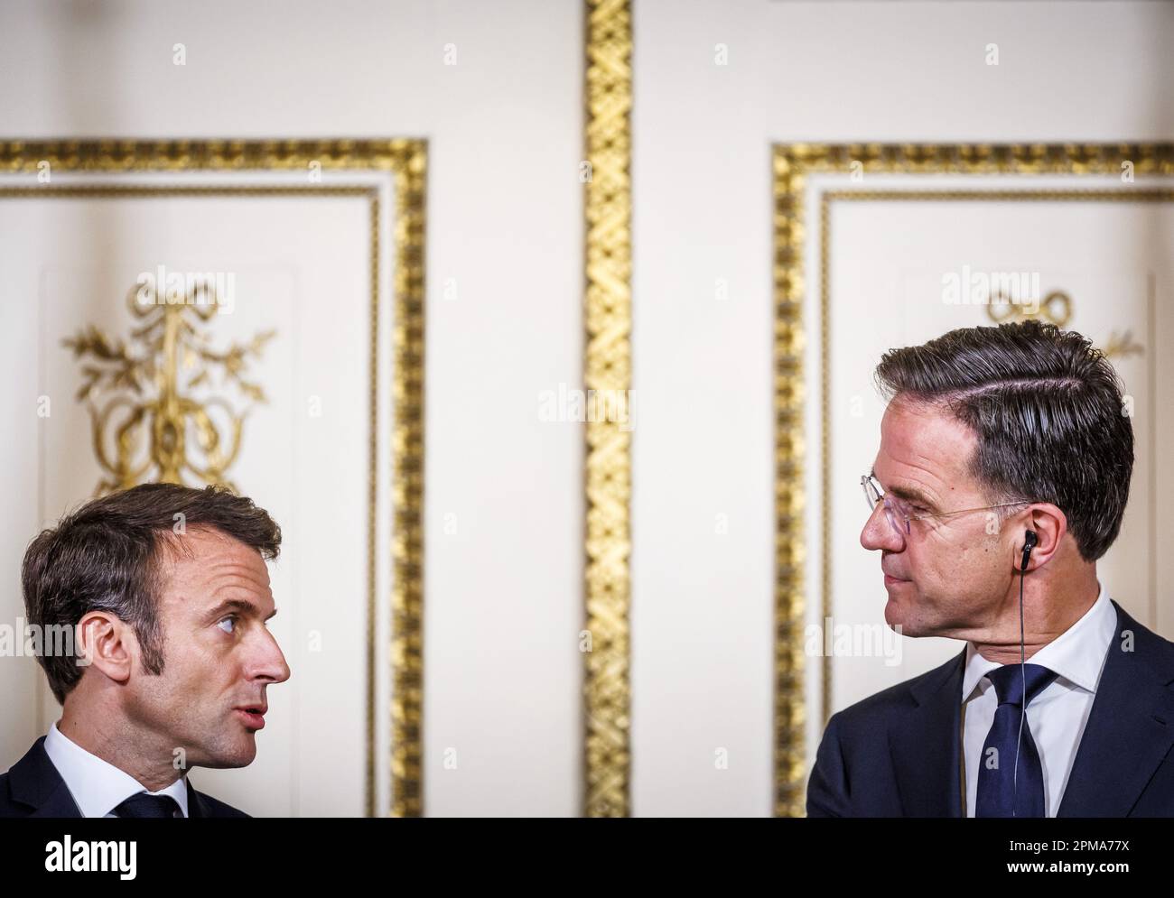 AMSTERDAM - 12/04/2023, French President Emmanuel Macron and Prime ...