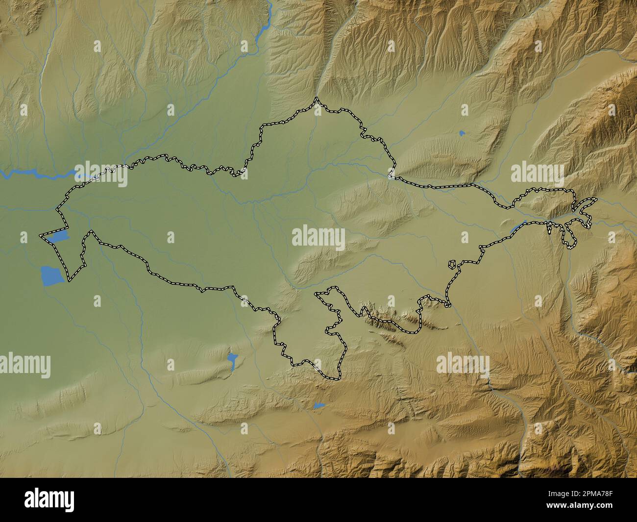 Andijon, region of Uzbekistan. Colored elevation map with lakes and ...