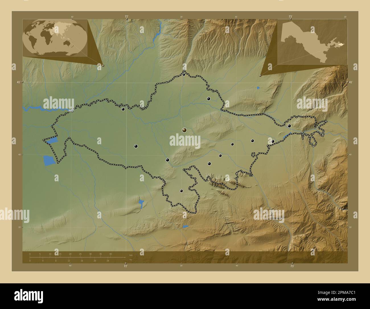 Andijon, region of Uzbekistan. Colored elevation map with lakes and ...