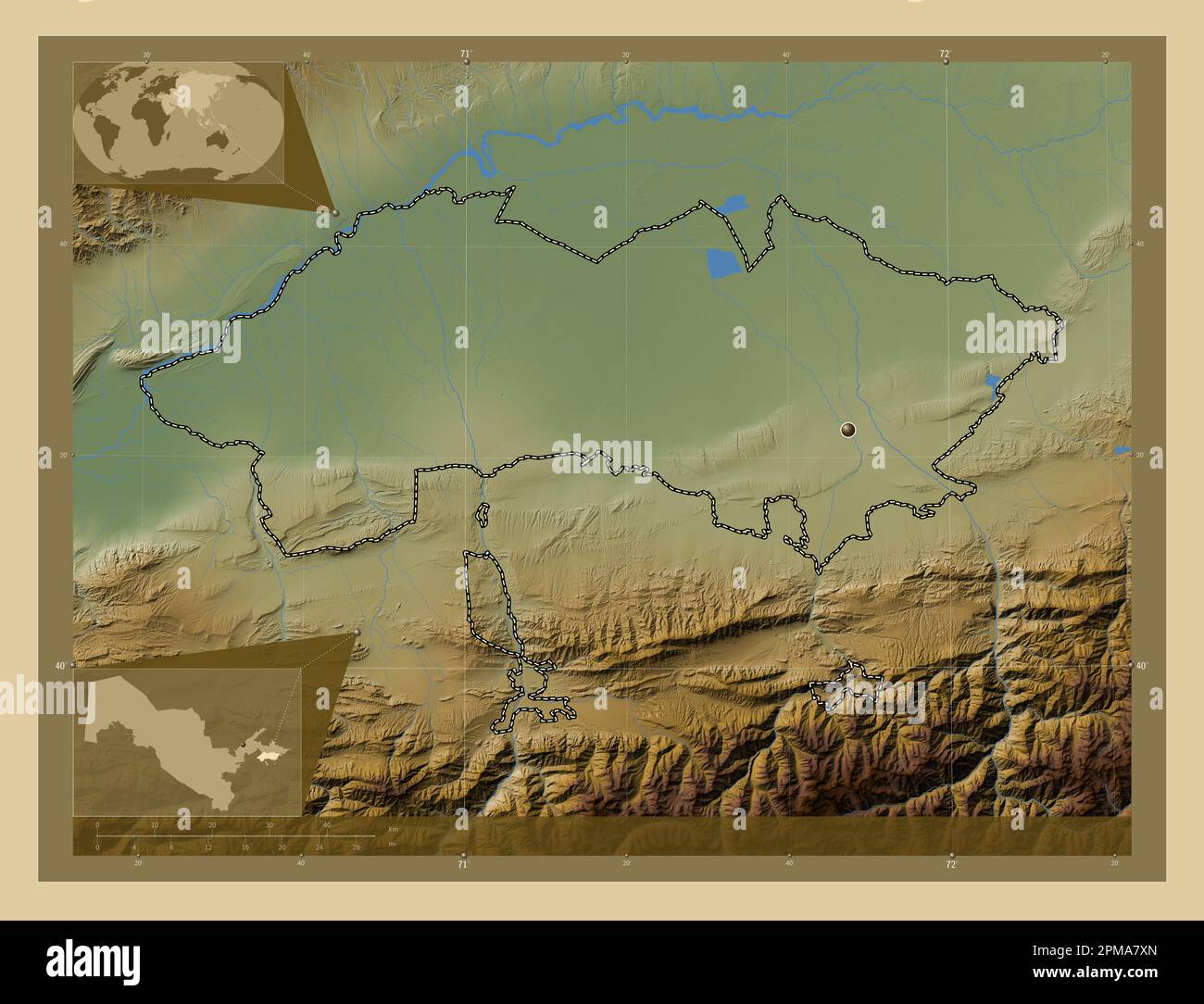 Ferghana, region of Uzbekistan. Colored elevation map with lakes and ...