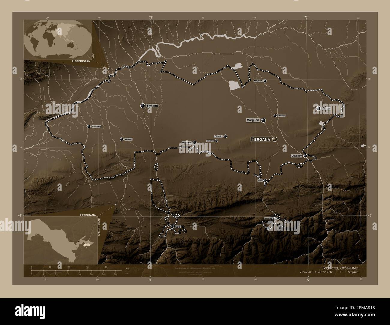 Ferghana, region of Uzbekistan. Elevation map colored in sepia tones ...