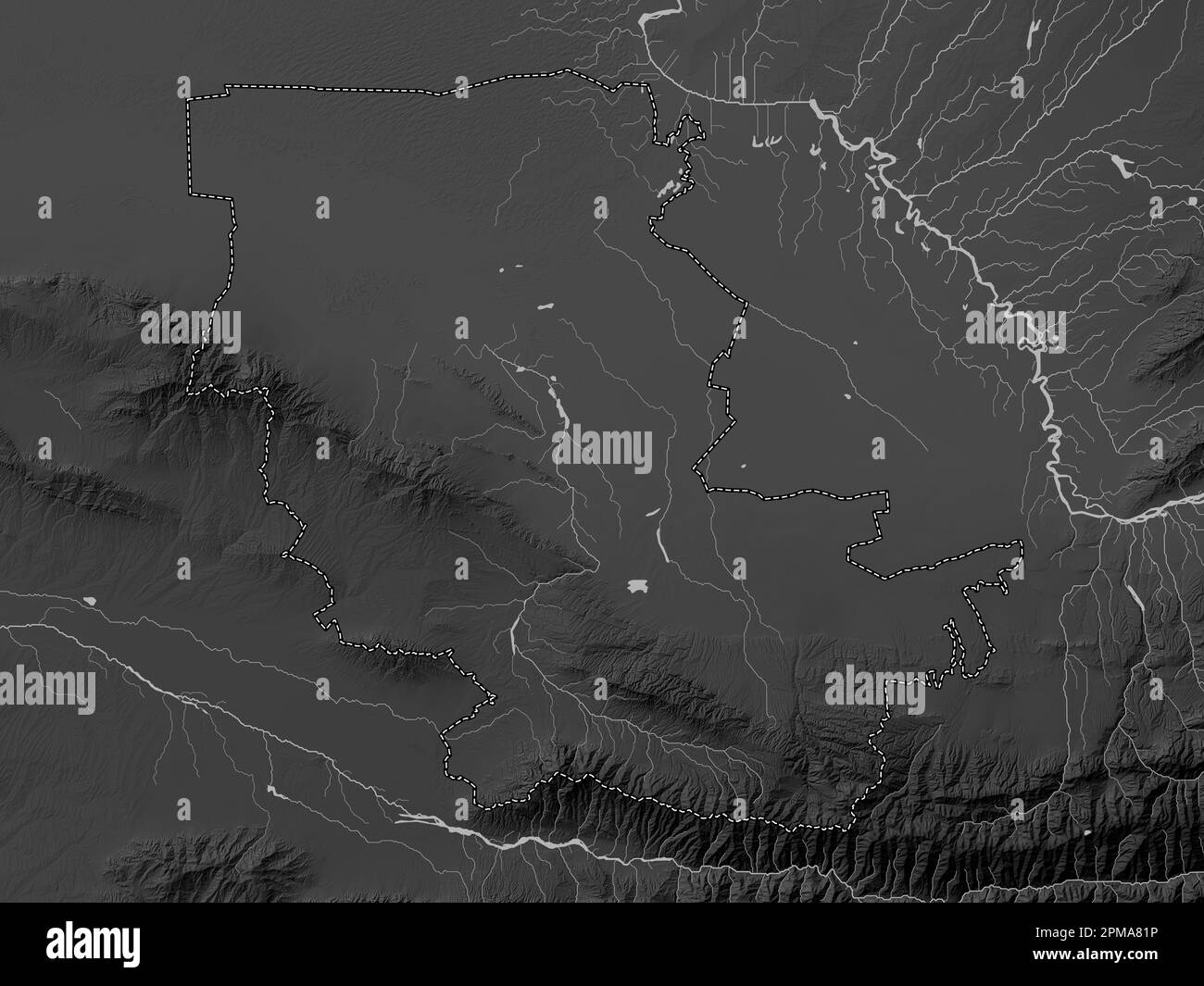 Jizzakh, region of Uzbekistan. Grayscale elevation map with lakes and ...