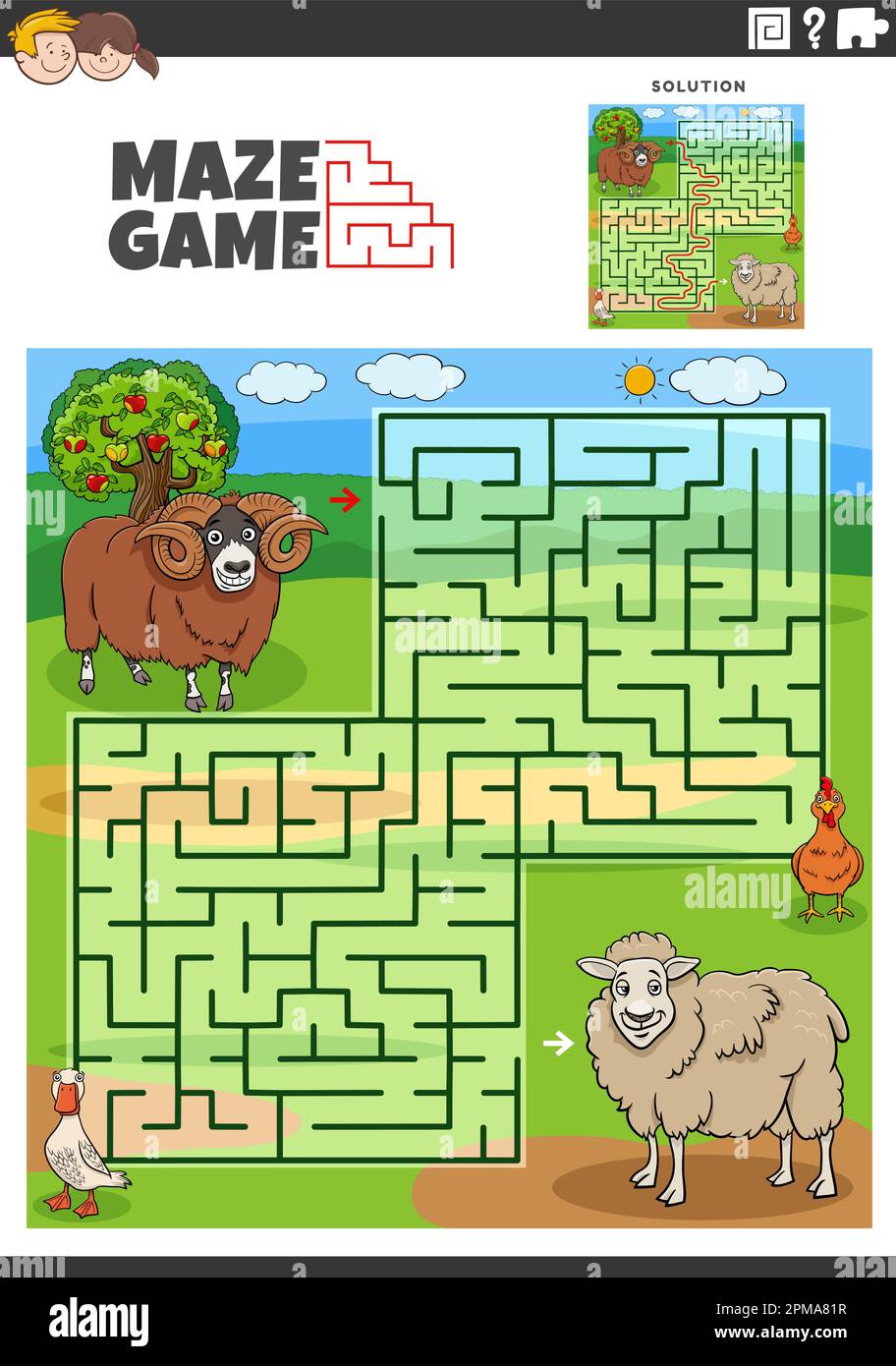 Cartoon illustration of educational maze puzzle activity for children ...