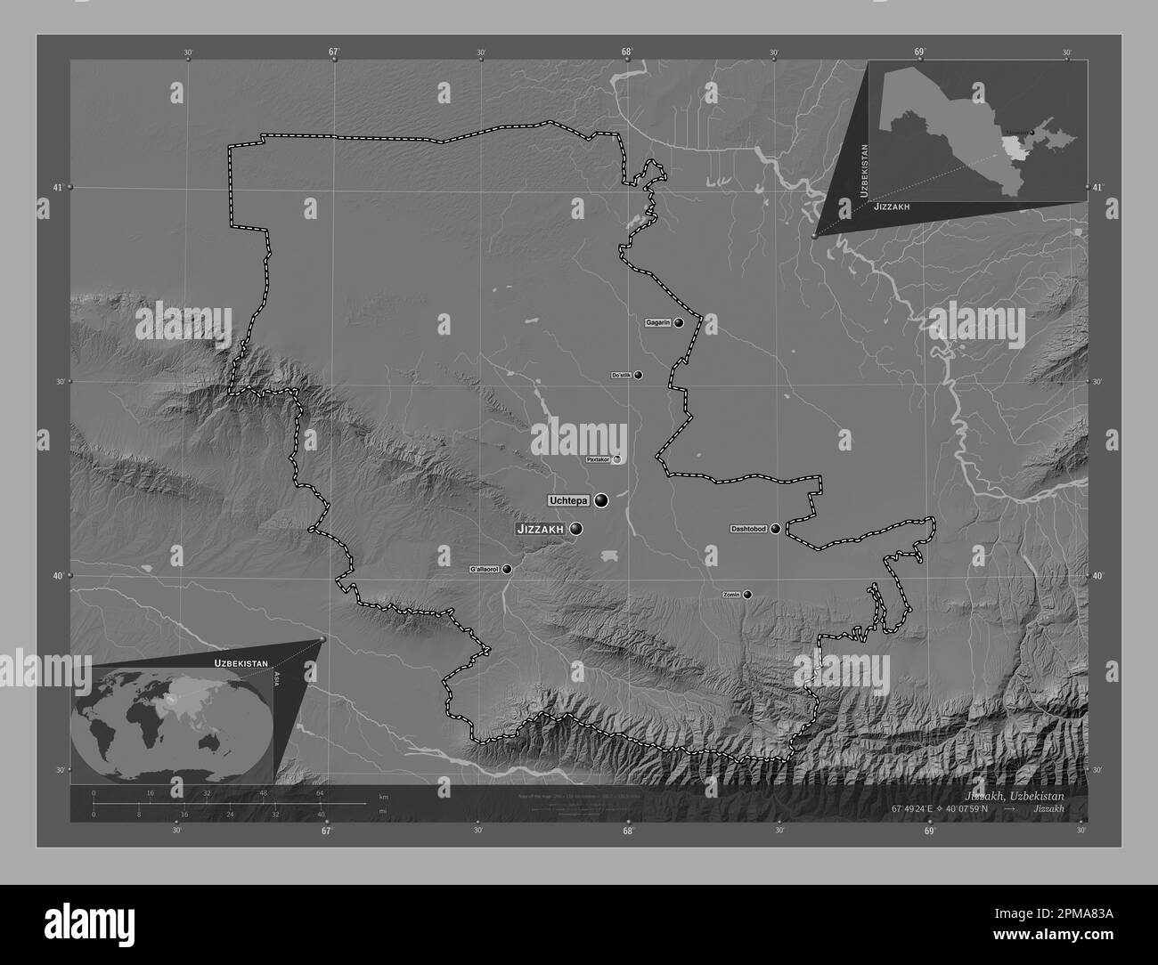 Jizzakh, region of Uzbekistan. Bilevel elevation map with lakes and ...