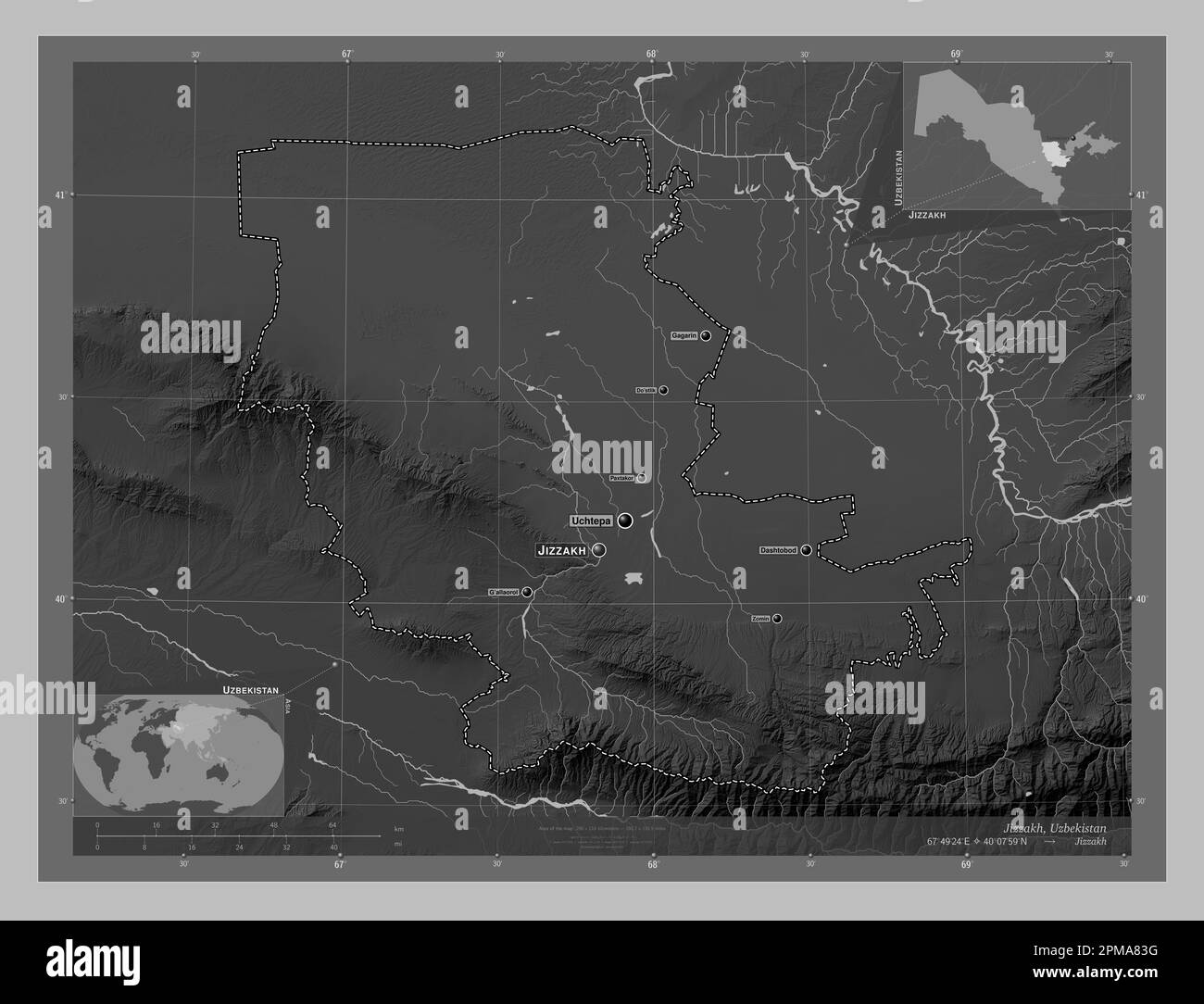 Jizzakh, region of Uzbekistan. Grayscale elevation map with lakes and ...