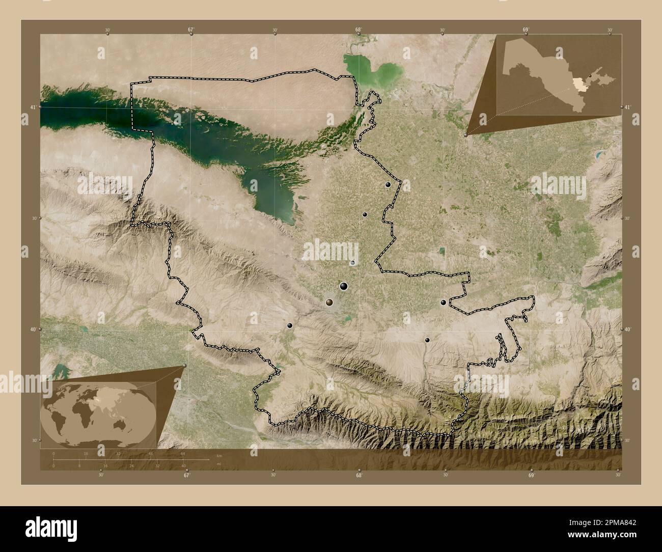 Jizzakh, region of Uzbekistan. Low resolution satellite map. Locations ...
