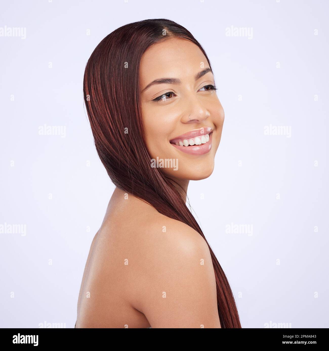 Hair care, beauty and woman with smile, straight hairstyle and luxury ...