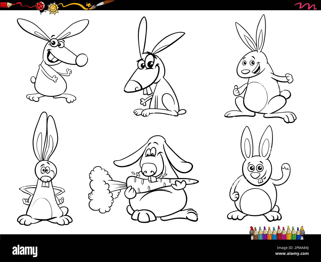 Black and white cartoon humorous illustration of rabbits animal ...