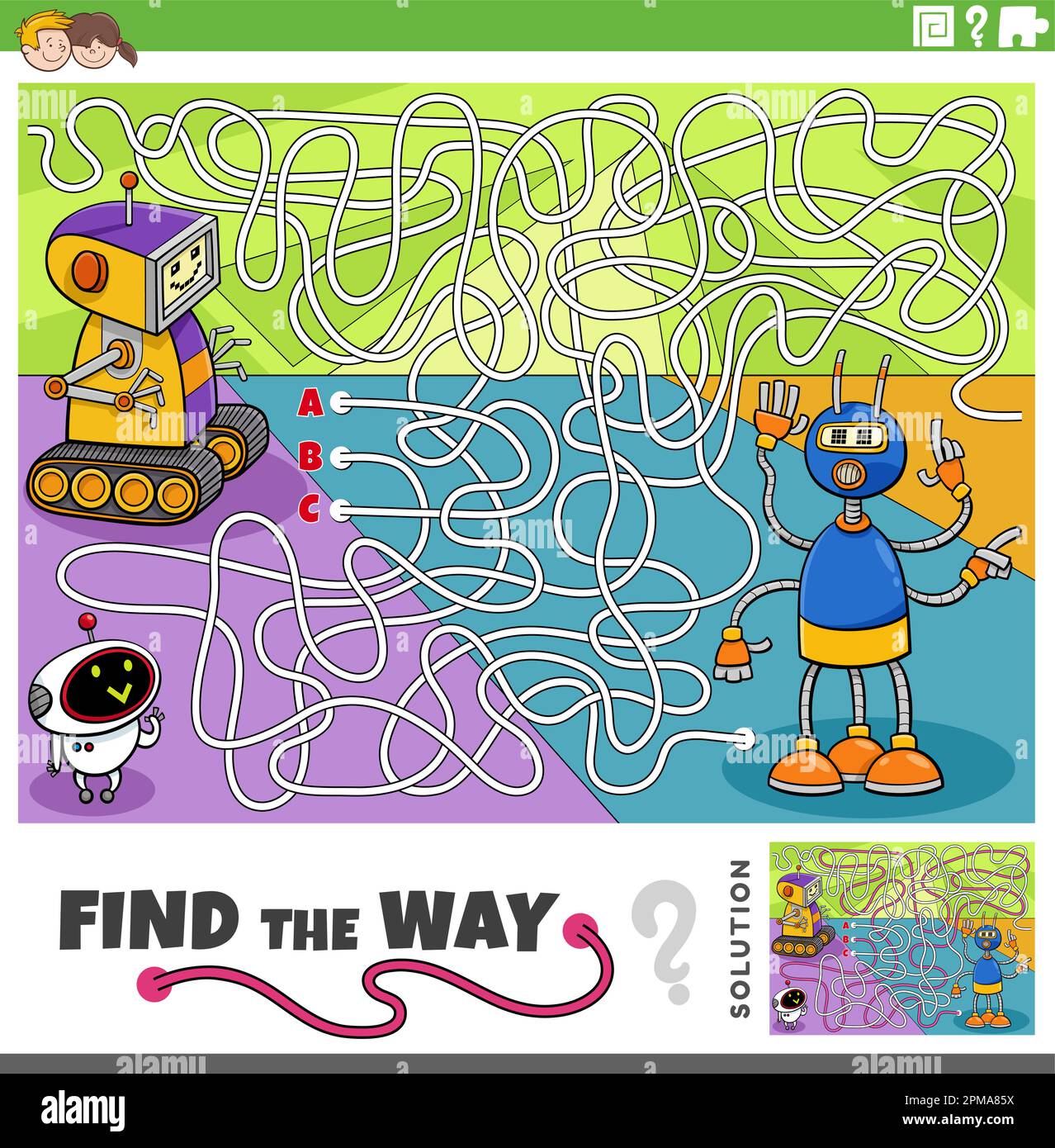 Cartoon illustration of find the way maze puzzle game with funny robot ...