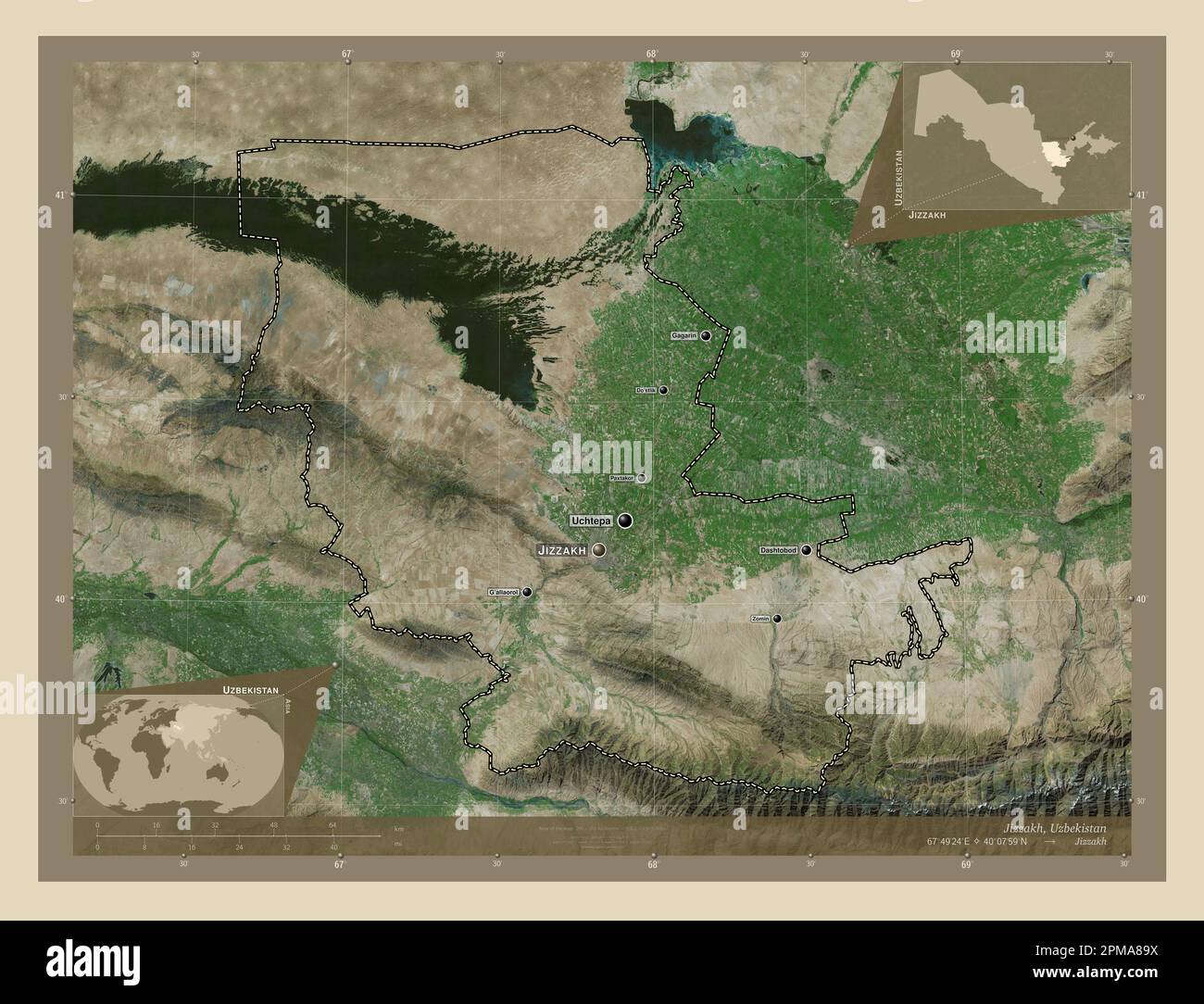 Jizzakh, region of Uzbekistan. High resolution satellite map. Locations ...