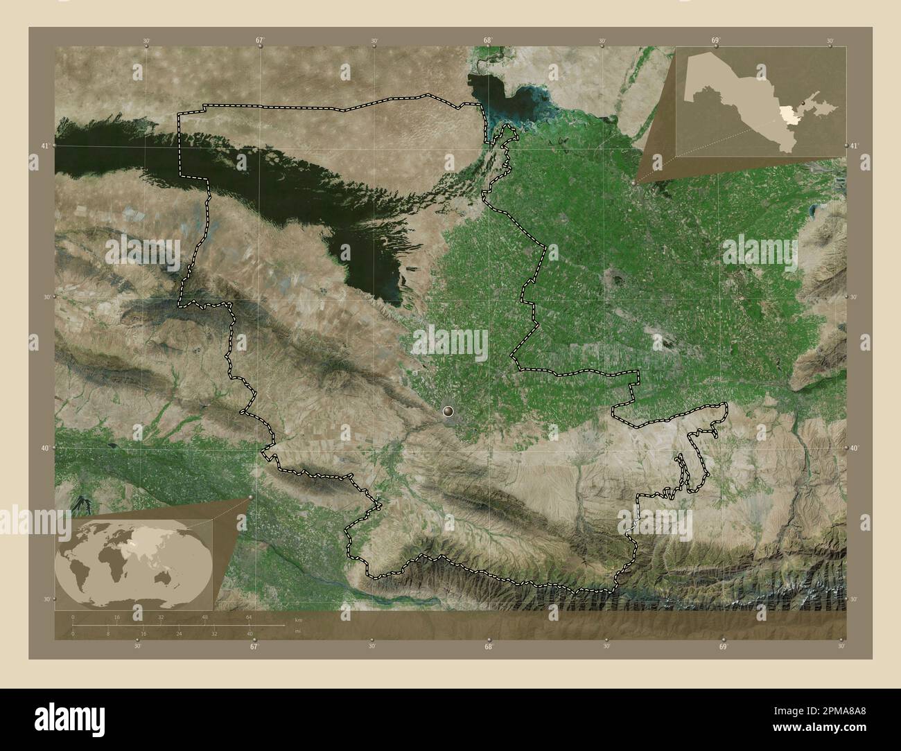 Jizzakh, region of Uzbekistan. High resolution satellite map. Corner ...