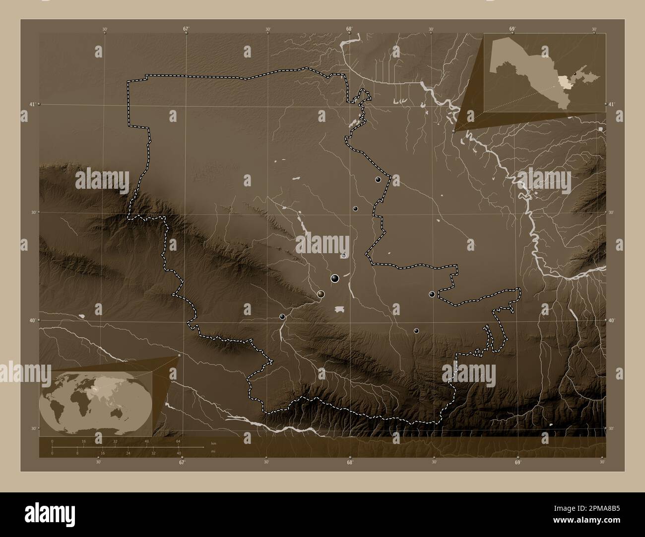 Jizzakh, region of Uzbekistan. Elevation map colored in sepia tones ...