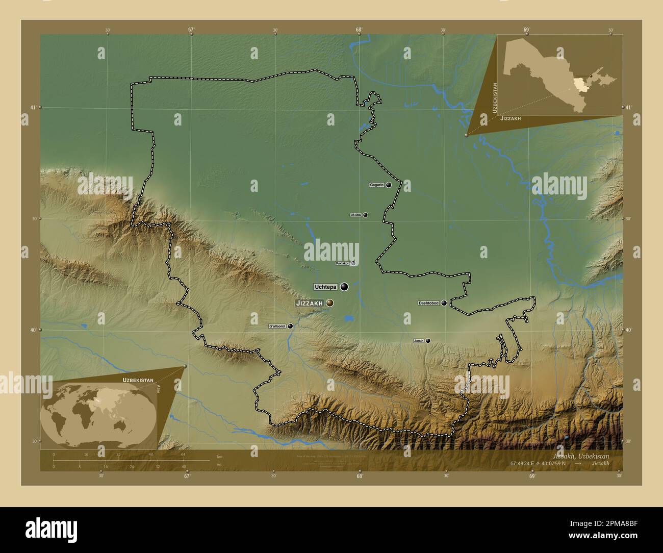 Jizzakh, region of Uzbekistan. Colored elevation map with lakes and ...
