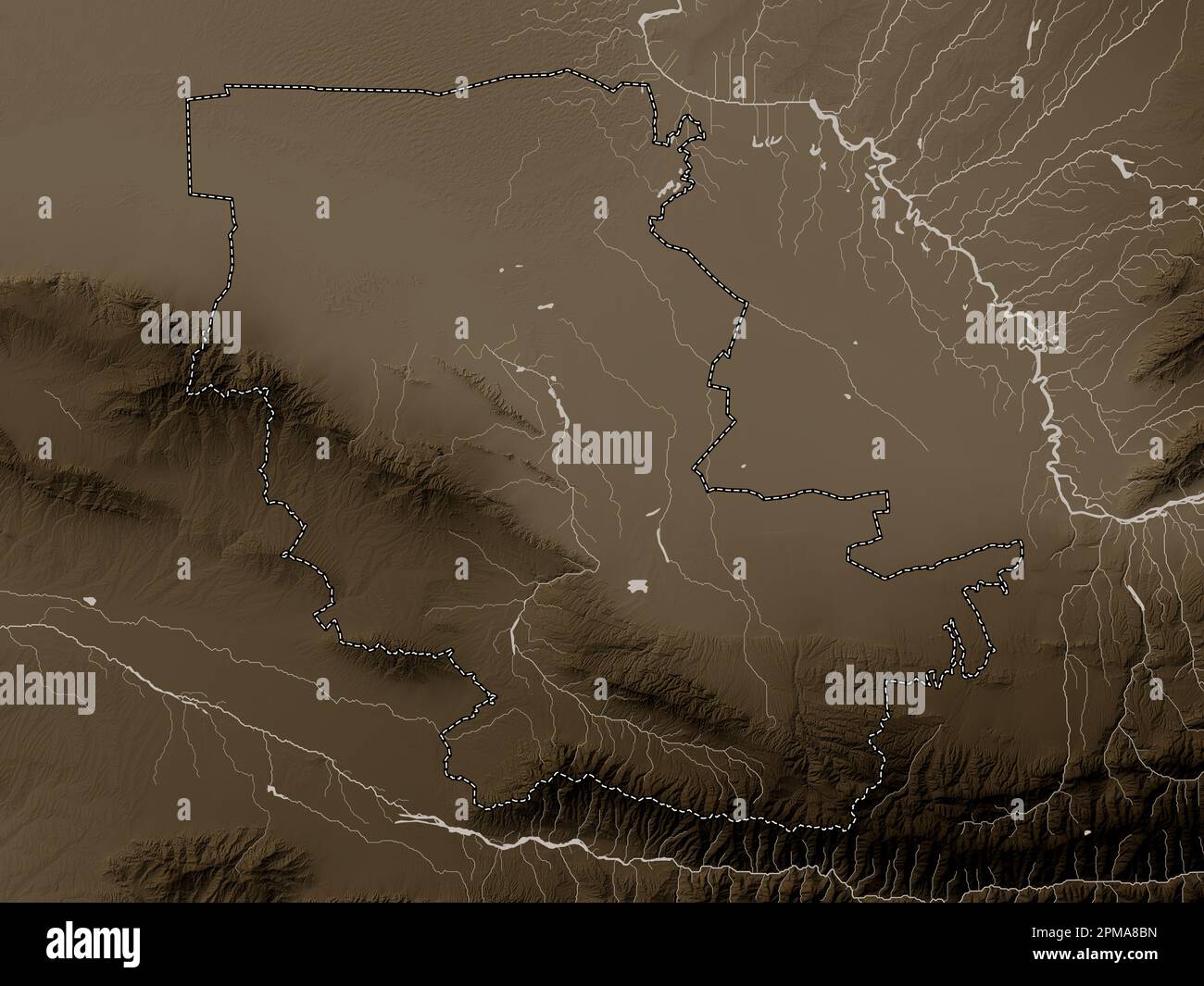 Jizzakh, region of Uzbekistan. Elevation map colored in sepia tones ...