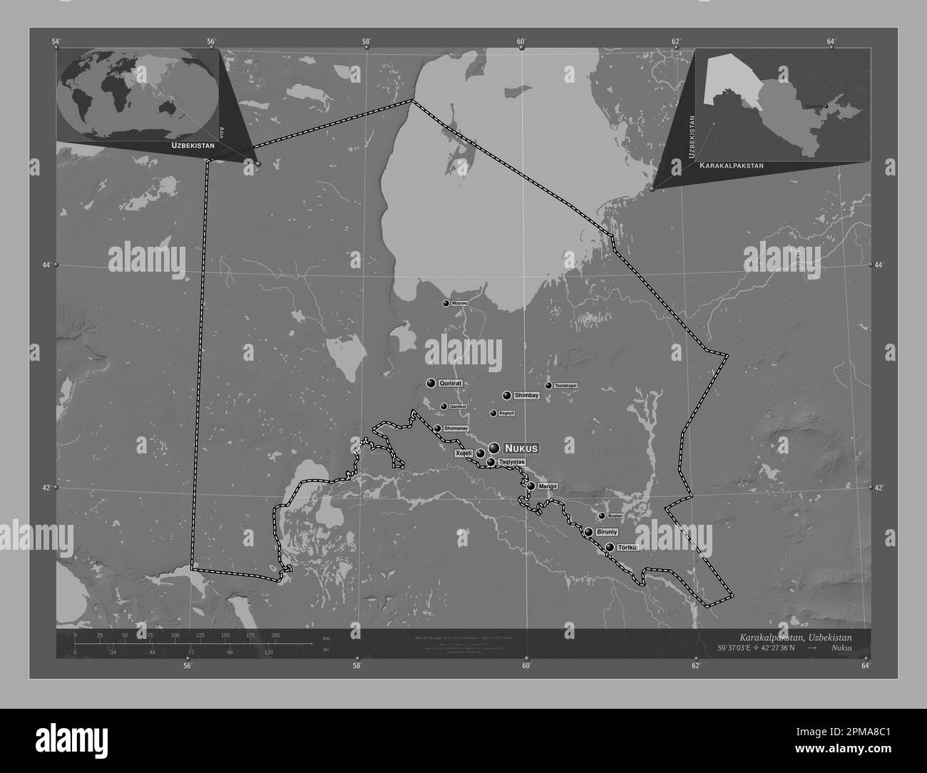 Karakalpakstan, autononous region of Uzbekistan. Bilevel elevation map ...