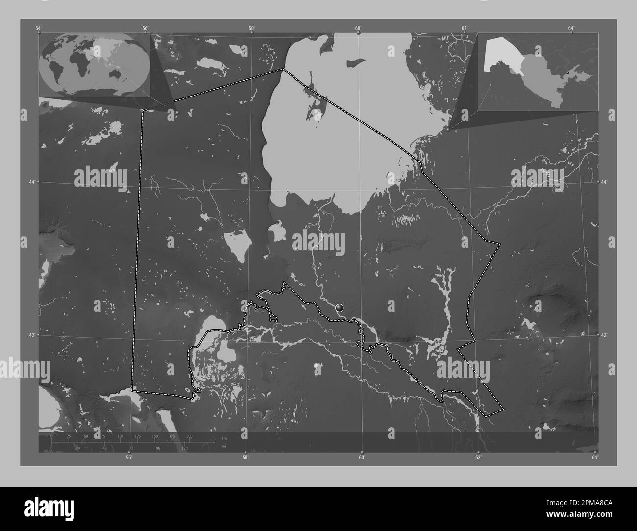 Karakalpakstan, autononous region of Uzbekistan. Grayscale elevation ...