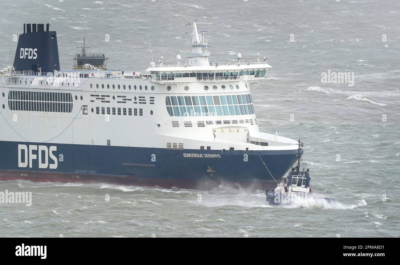 The DFDS Dunkerque Seaways ferry is aided by a tug as it leaves the ...