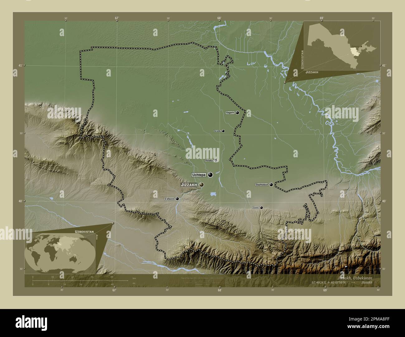 Jizzakh, region of Uzbekistan. Elevation map colored in wiki style with ...