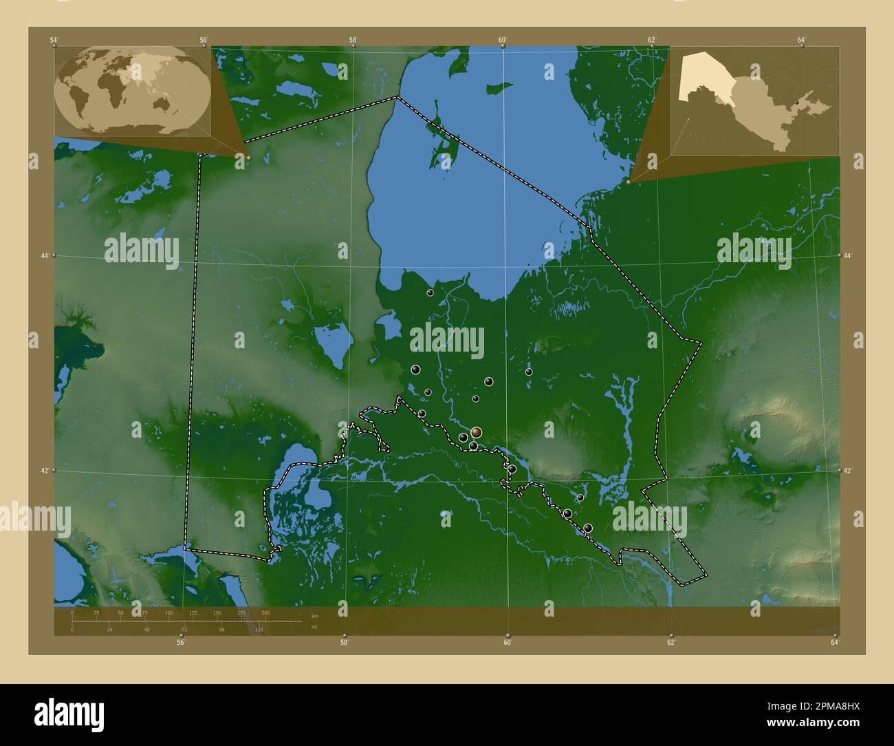 Karakalpakstan, autononous region of Uzbekistan. Colored elevation map ...