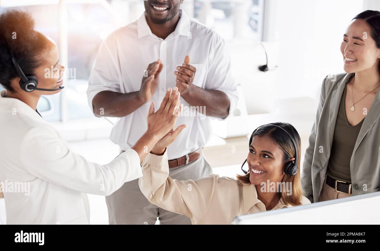 Call center, business people and high five of team, success and ...