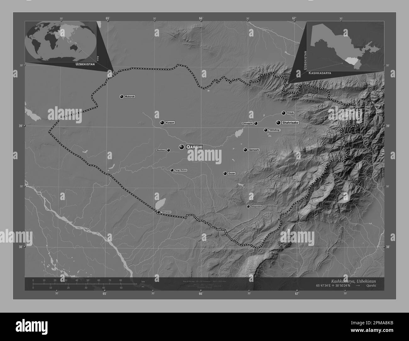 Kashkadarya, region of Uzbekistan. Bilevel elevation map with lakes and ...