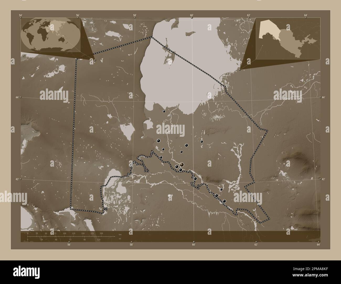 Karakalpakstan, autononous region of Uzbekistan. Elevation map colored ...