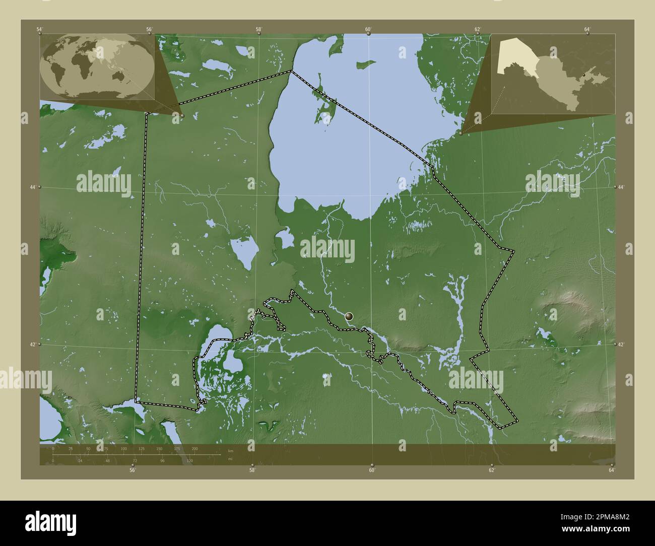 Karakalpakstan, autononous region of Uzbekistan. Elevation map colored ...