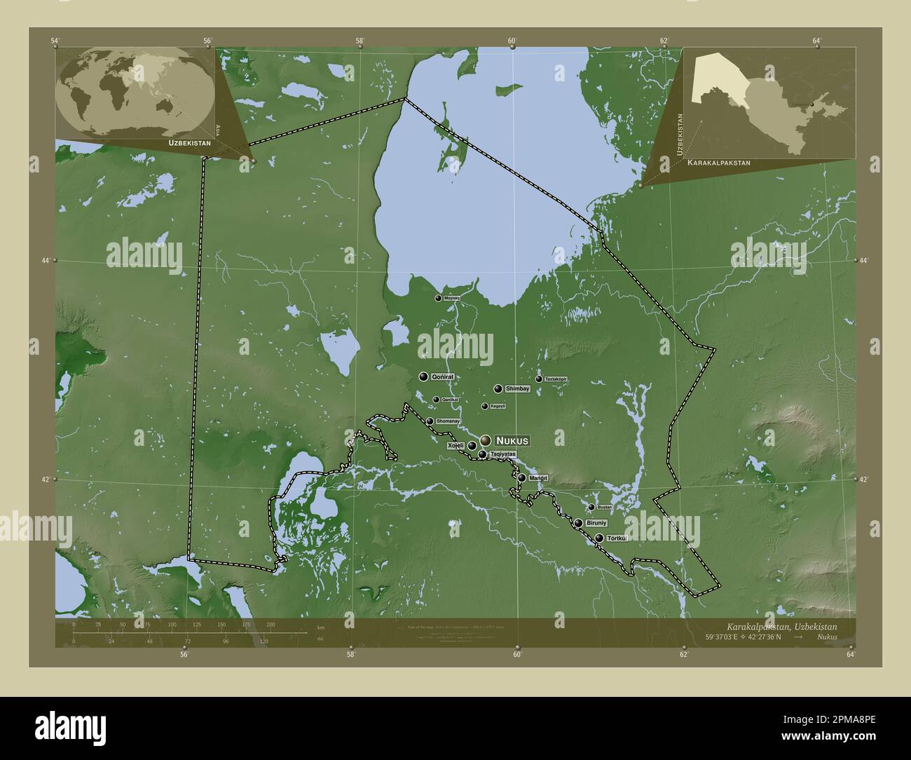 Karakalpakstan, autononous region of Uzbekistan. Elevation map colored ...