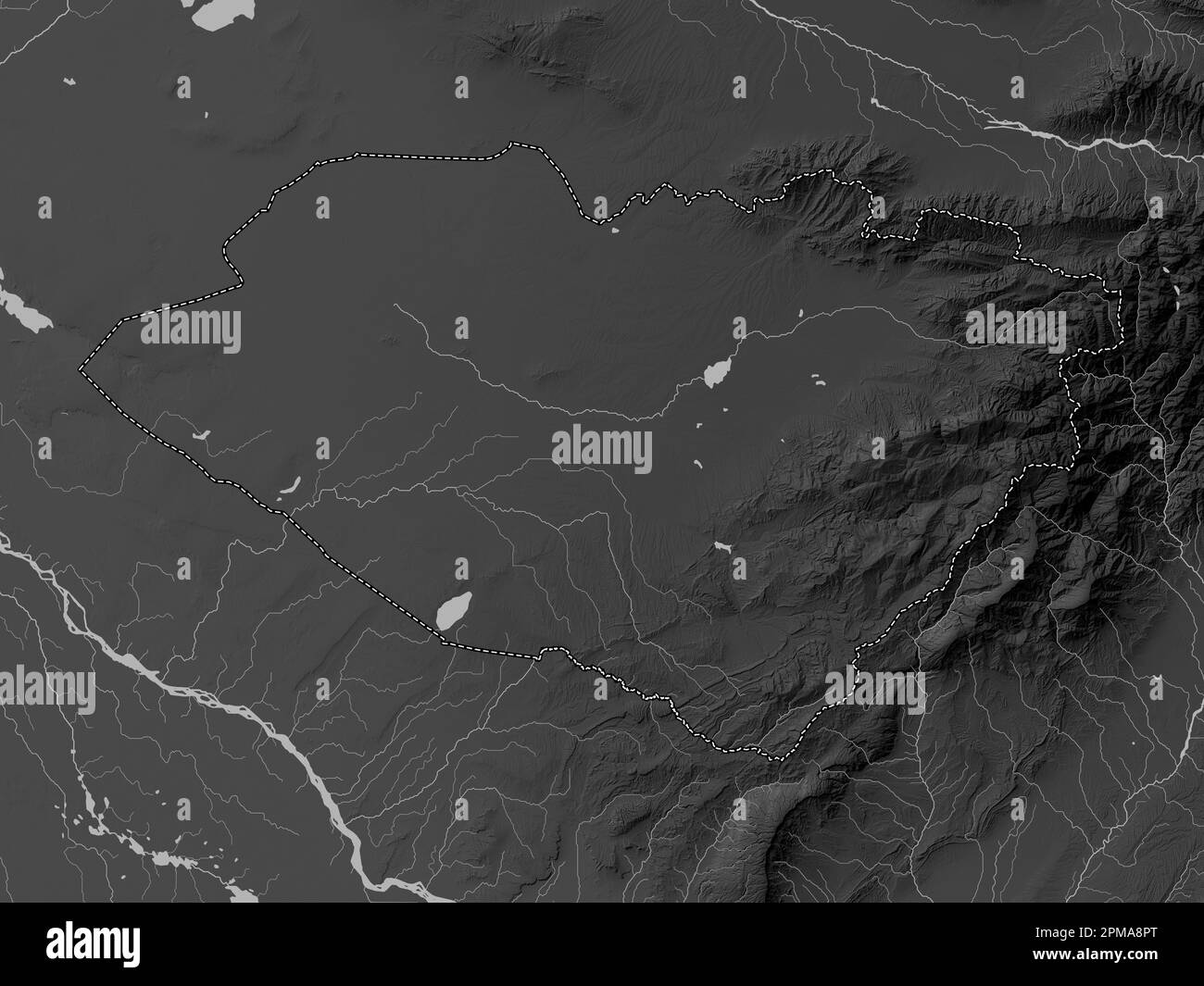 Kashkadarya, region of Uzbekistan. Grayscale elevation map with lakes ...