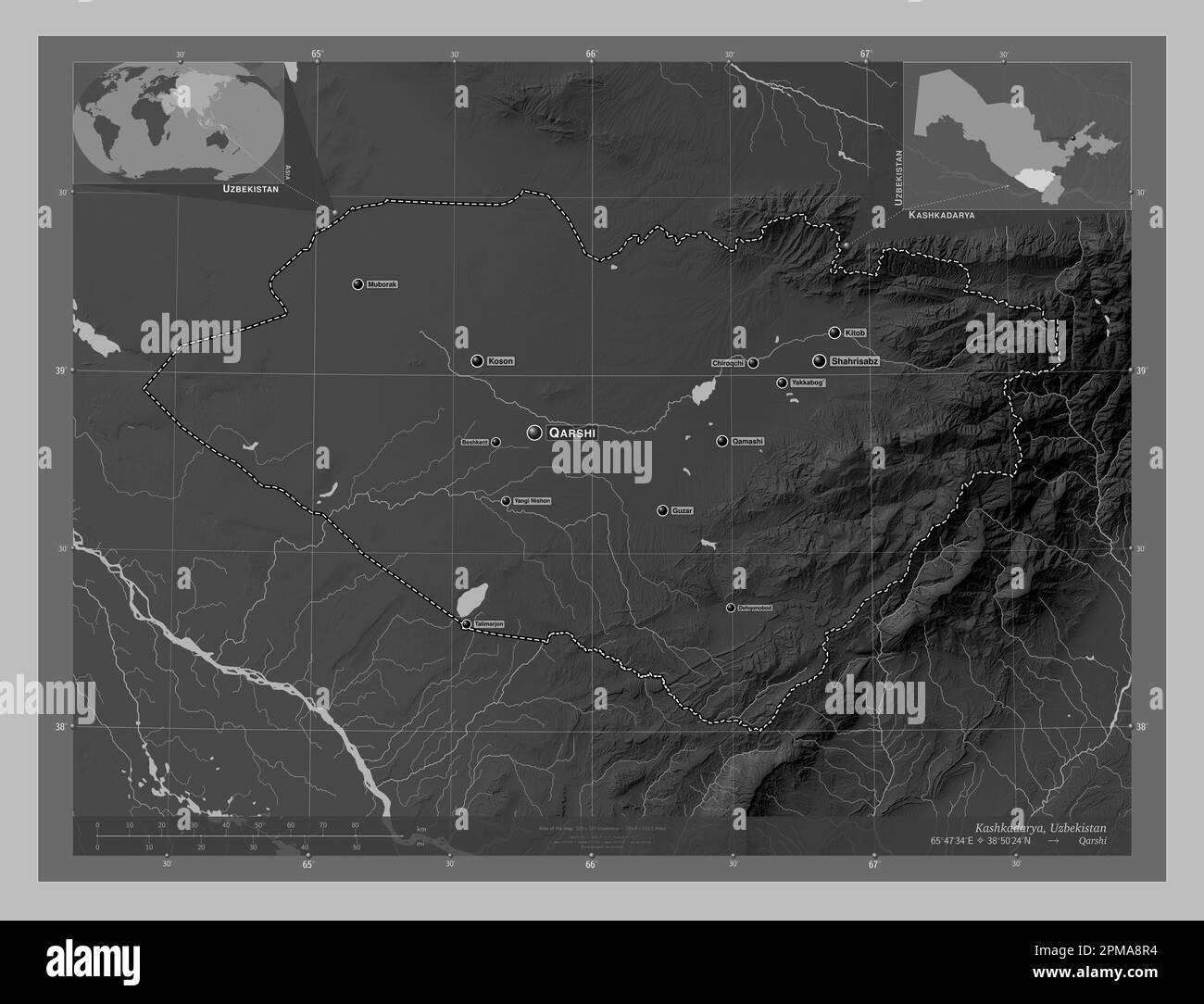 Kashkadarya, region of Uzbekistan. Grayscale elevation map with lakes ...