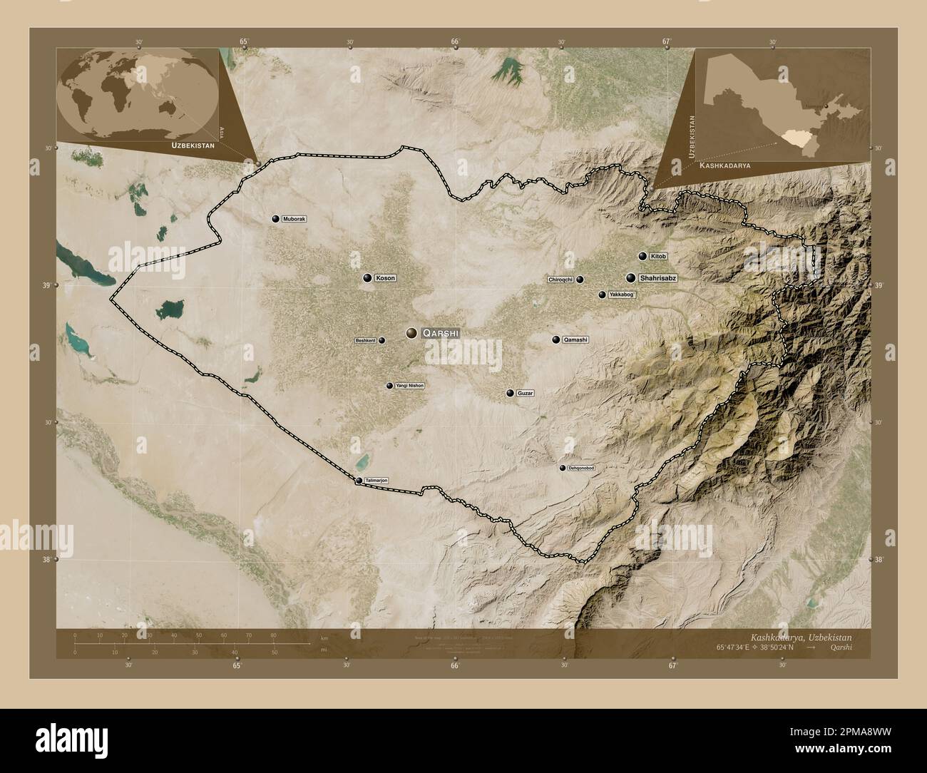 Kashkadarya, region of Uzbekistan. Low resolution satellite map ...