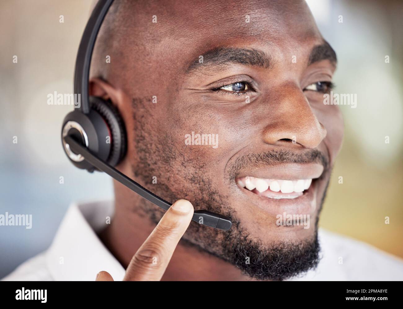 Call center, black man and face talking in office, customer service and ...
