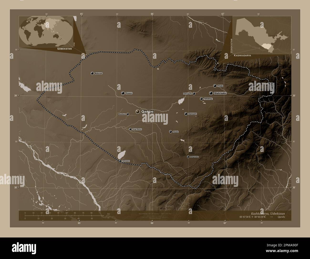 Kashkadarya, region of Uzbekistan. Elevation map colored in sepia tones ...