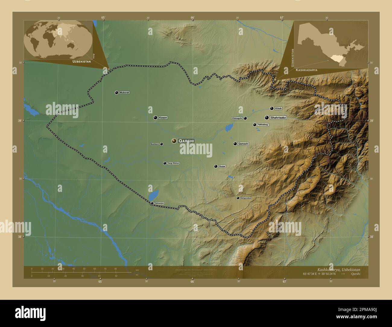 Kashkadarya, region of Uzbekistan. Colored elevation map with lakes and ...