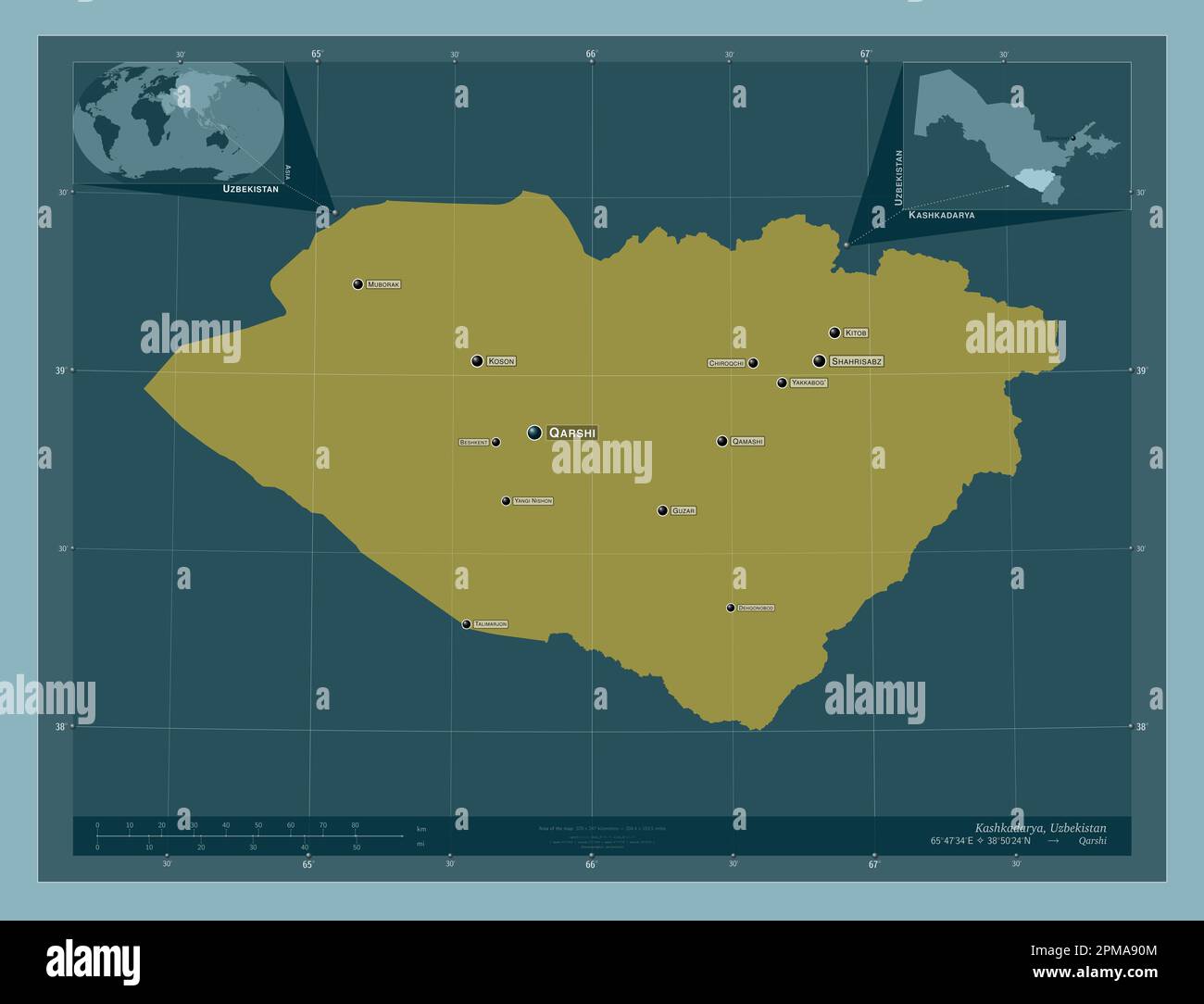 Kashkadarya, region of Uzbekistan. Solid color shape. Locations and ...