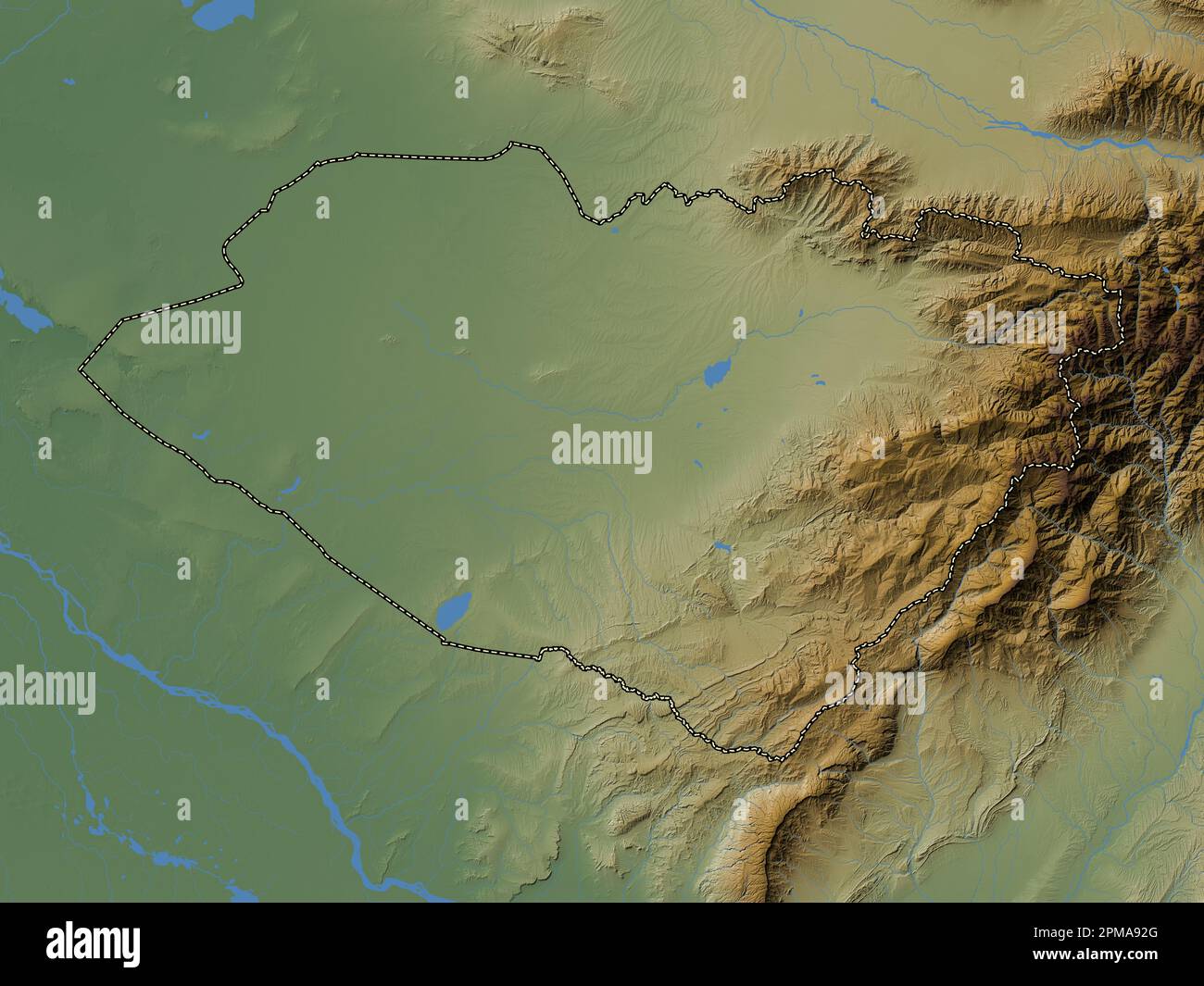 Kashkadarya, region of Uzbekistan. Colored elevation map with lakes and ...