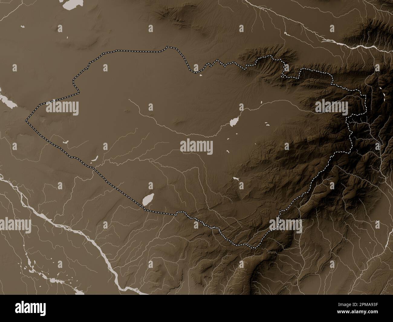 Kashkadarya, region of Uzbekistan. Elevation map colored in sepia tones ...