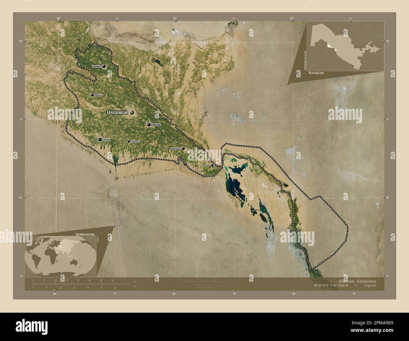 Khorezm, region of Uzbekistan. High resolution satellite map. Locations ...