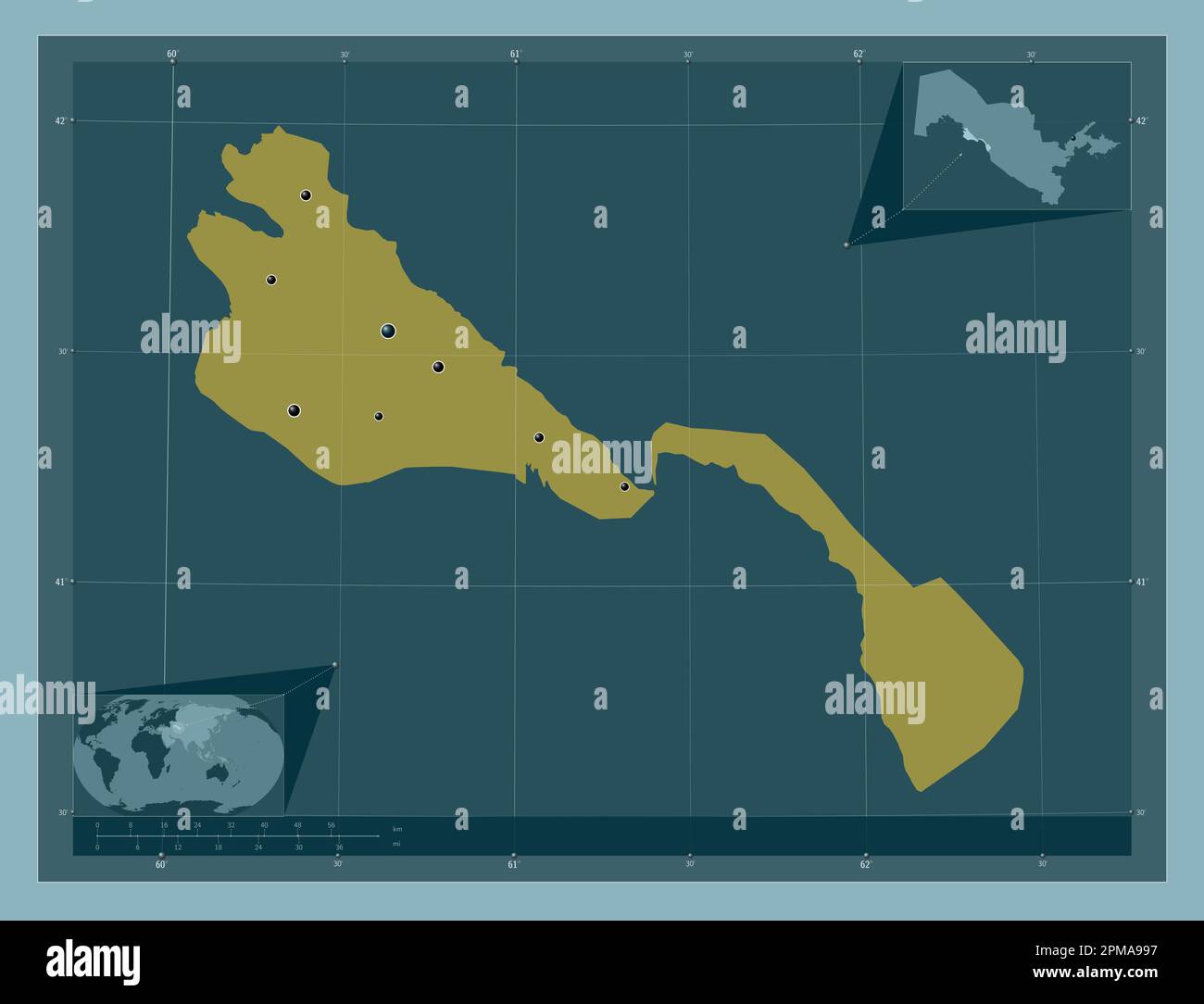 Khorezm, region of Uzbekistan. Solid color shape. Locations of major ...