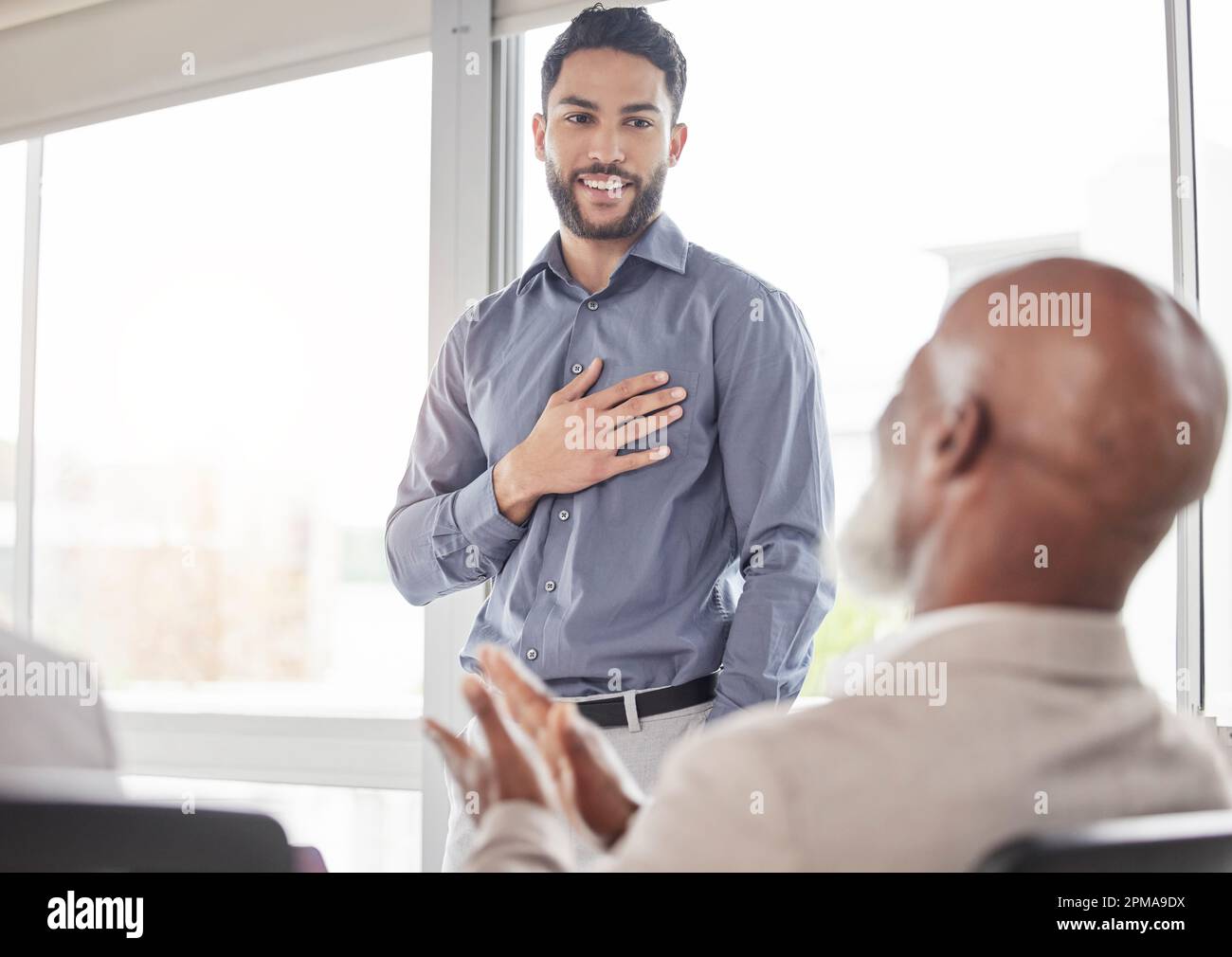 Meeting, applause and business man with smile at proposal, project ...