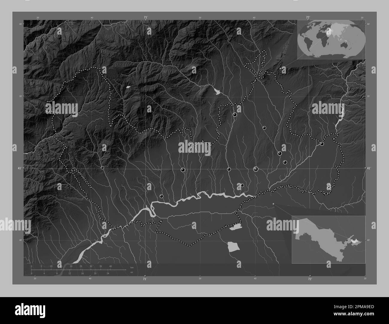 Namangan, region of Uzbekistan. Grayscale elevation map with lakes and ...